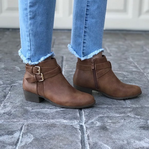Boutique | Shoes | Tan Double Crossed Buckle Low Heel Ankle Booties ...